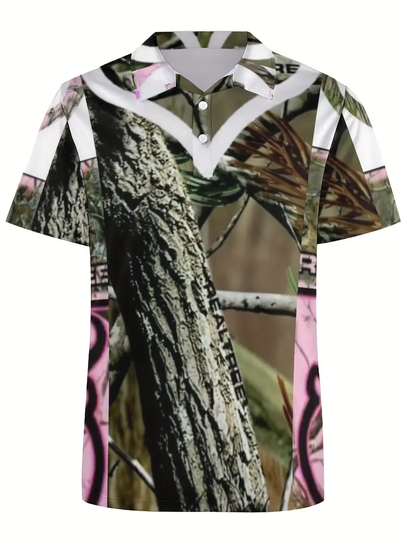 Vivid Tree Pattern Casual Slightly Stretch Button Up Short Sleeve Polo