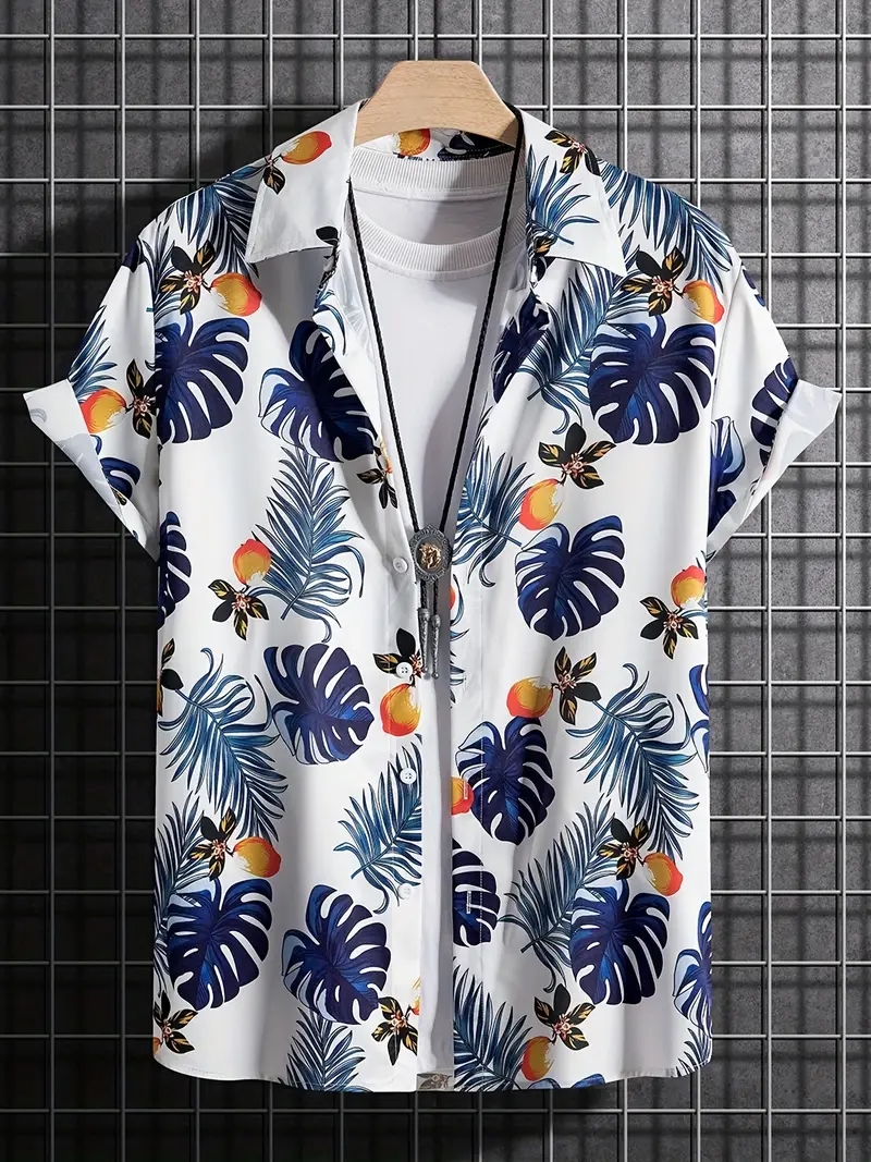 リーフプリントメンズカジュアル半袖シャツ 夏休みリゾート用メンズシャツ 男性用トップス Temu Japan