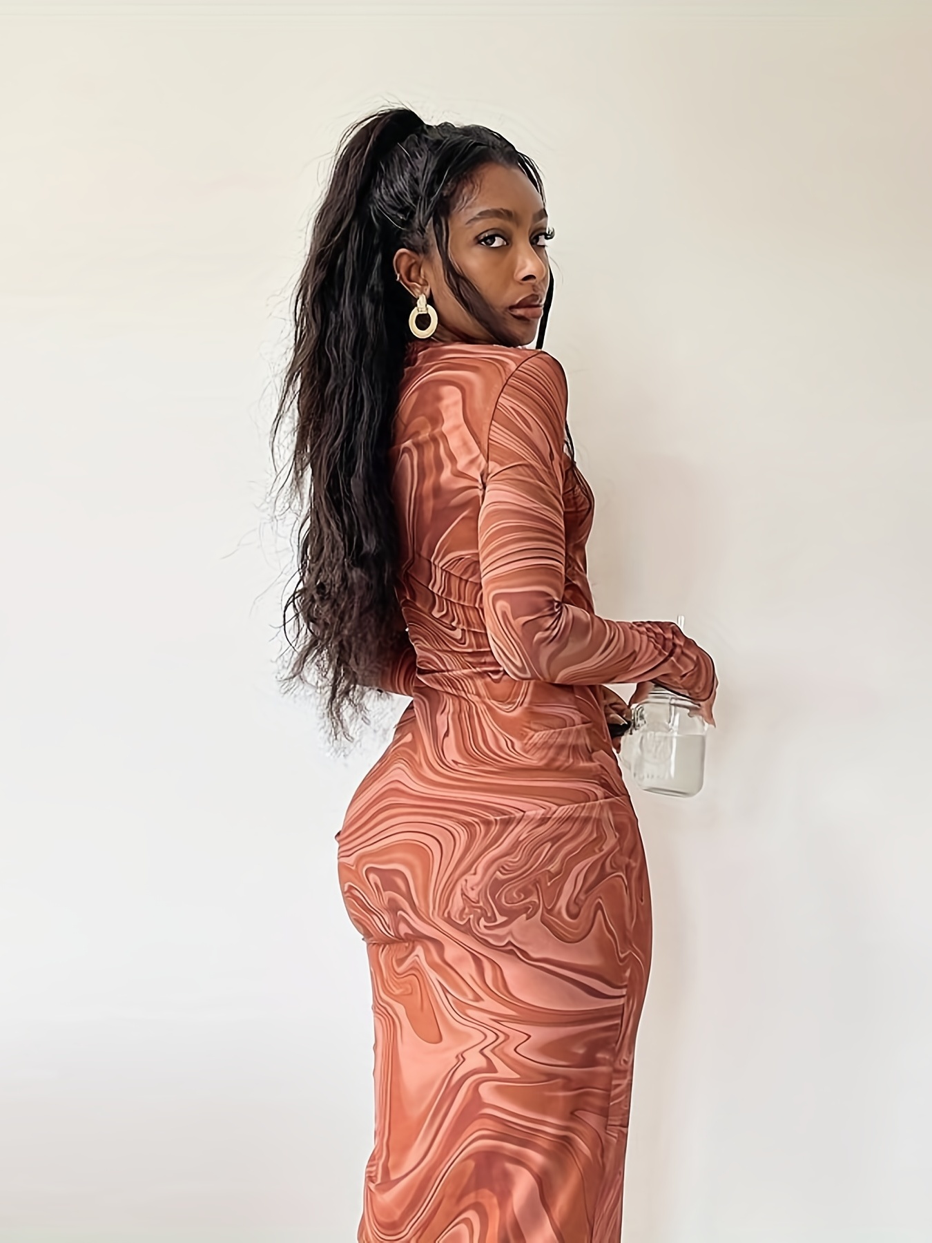 Abstract Ripple Print Dress Casual Crew Neck Long Sleeve - Temu Australia