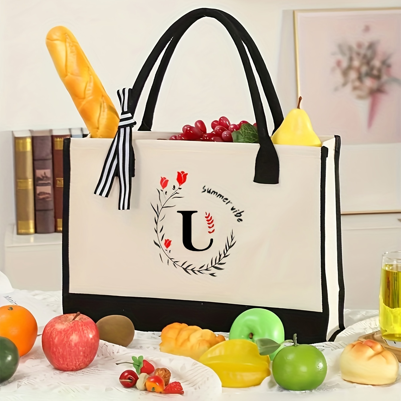Letter U Print Canvas Handbag Simple Fashion Tote Bag Travel - Temu ...