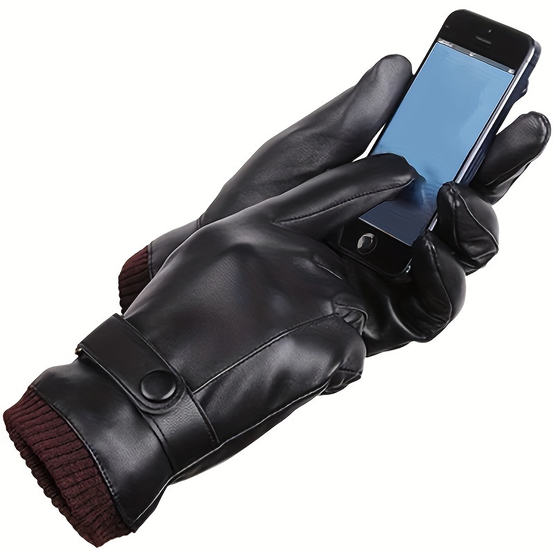 Unisex Black Pu Leather Gloves Short Velvet Lined Warm - Temu United ...