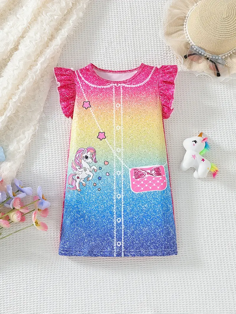 Flutter Trim Sleeveless Dress Sweet Girls Gradient Unicorn Temu New