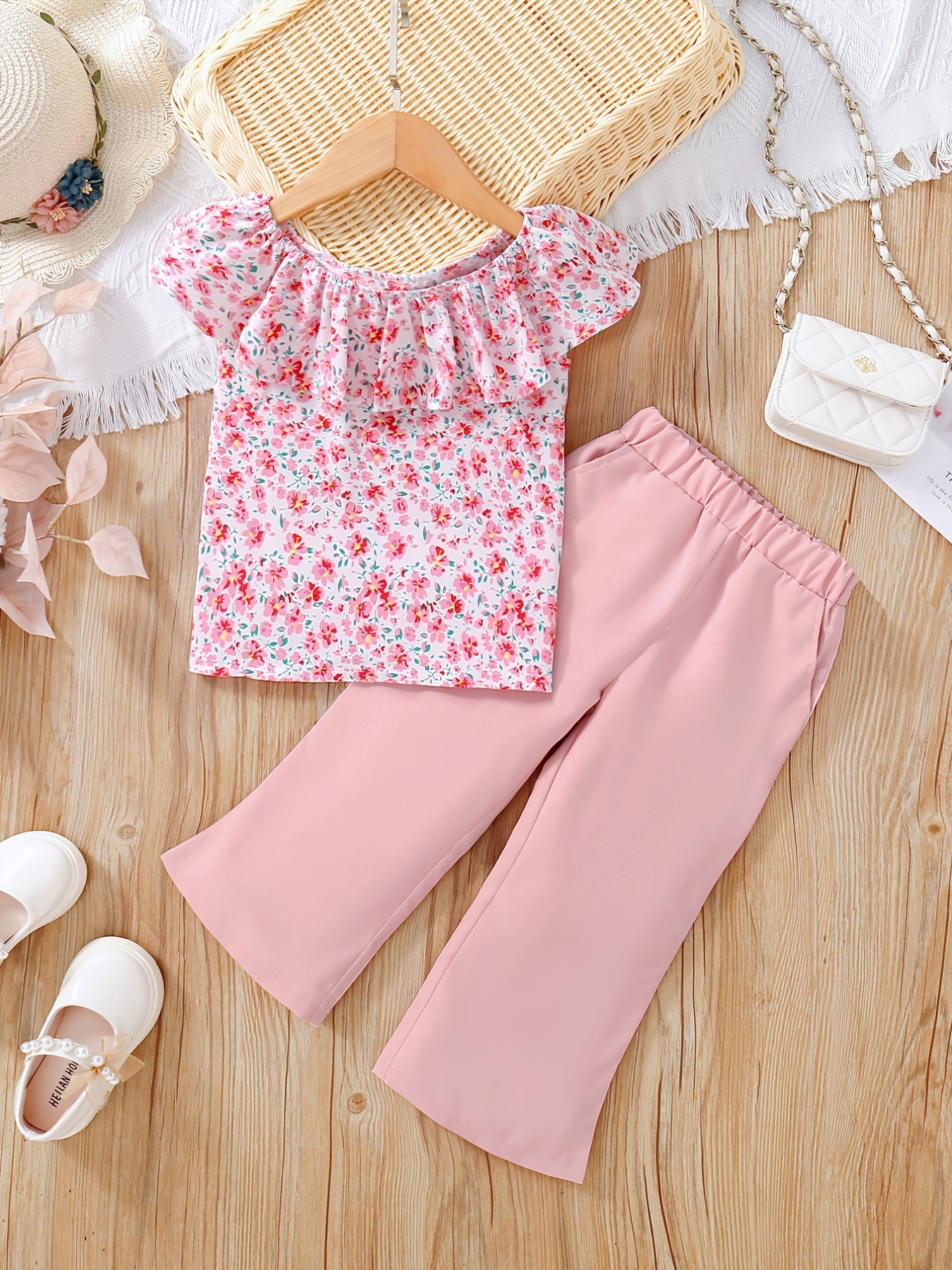 2pcs Toddler Girls Floral Ruffle Trim Blouse Top & Elastic Waist Pocket ...