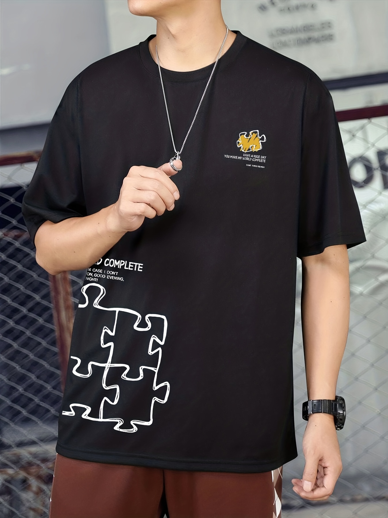 Graphic Print Men's Creative Top, Casual Slightly Stretch Short Sleeve ...