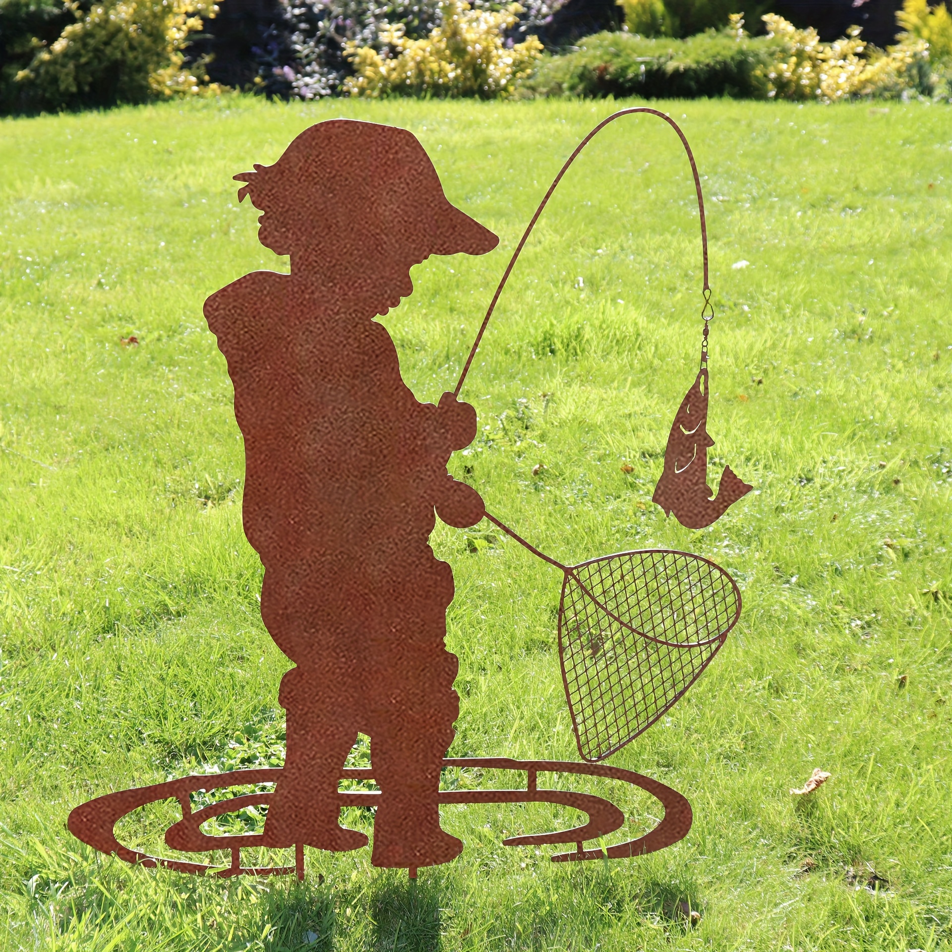 Vintage Rust Fishing Boy Garden Stake Patio Outdoor - Temu Australia