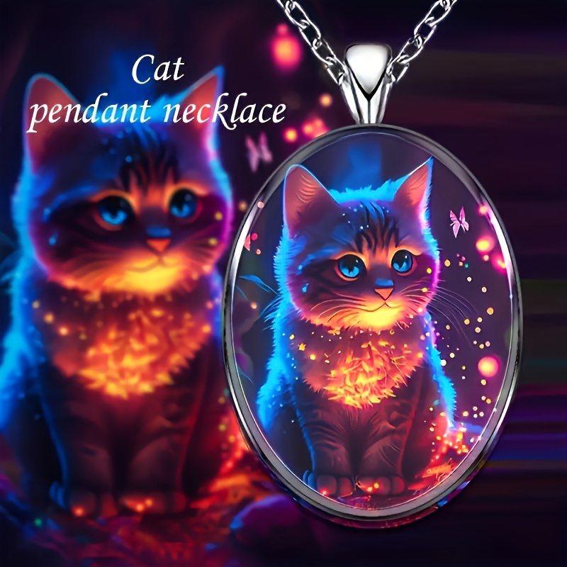 Cool Cute Cat Oval Pendant Necklace Christmas Gift For - Temu United ...