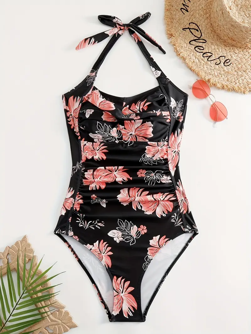 Floral Print Ruched One Piece Swimsuit Halter Neck Tummy Control High
