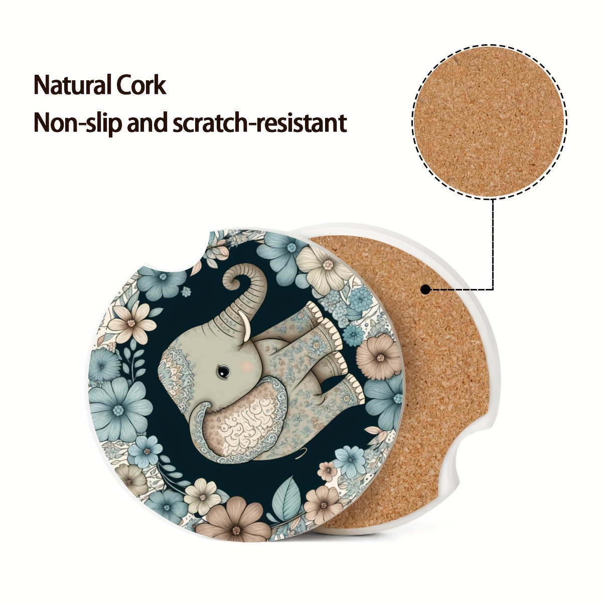 Floral Elephant Ceramic Car Coasters Cork Base Finger Groove - Temu Ireland