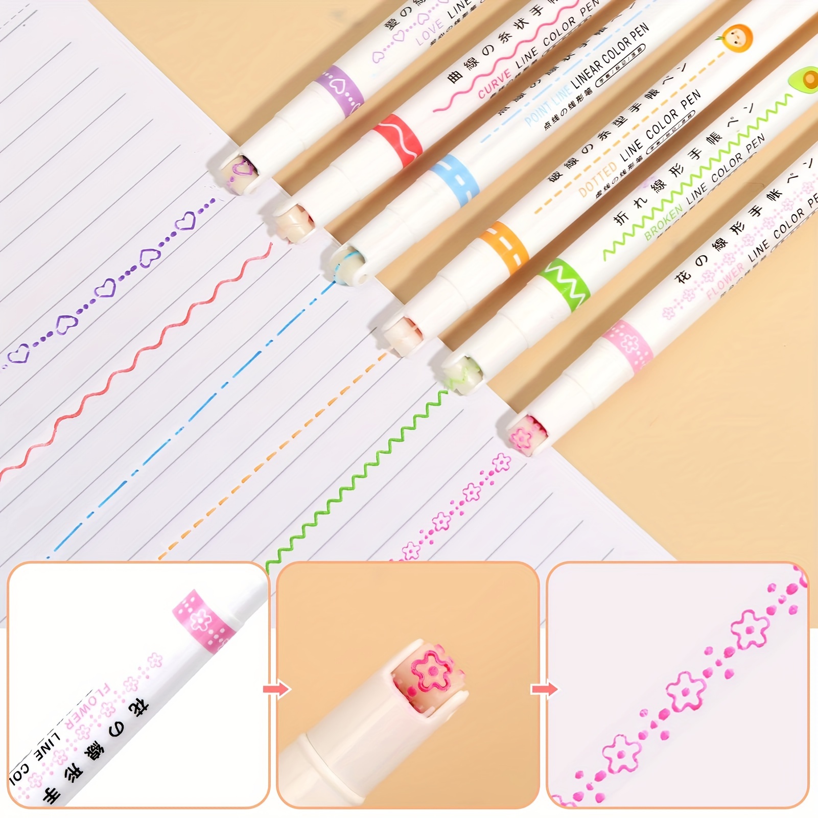 6 Color Curve Fluorescent Pen Journal Lace Pen Wave Flower Shaped ...