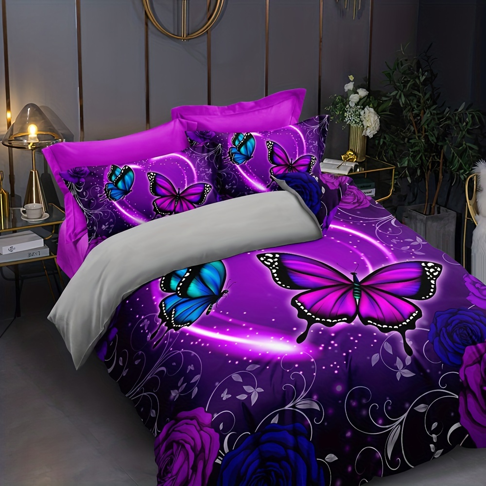 Duvet Cover Set Flower Butterfly Rose Print Bedding Set Soft - Temu