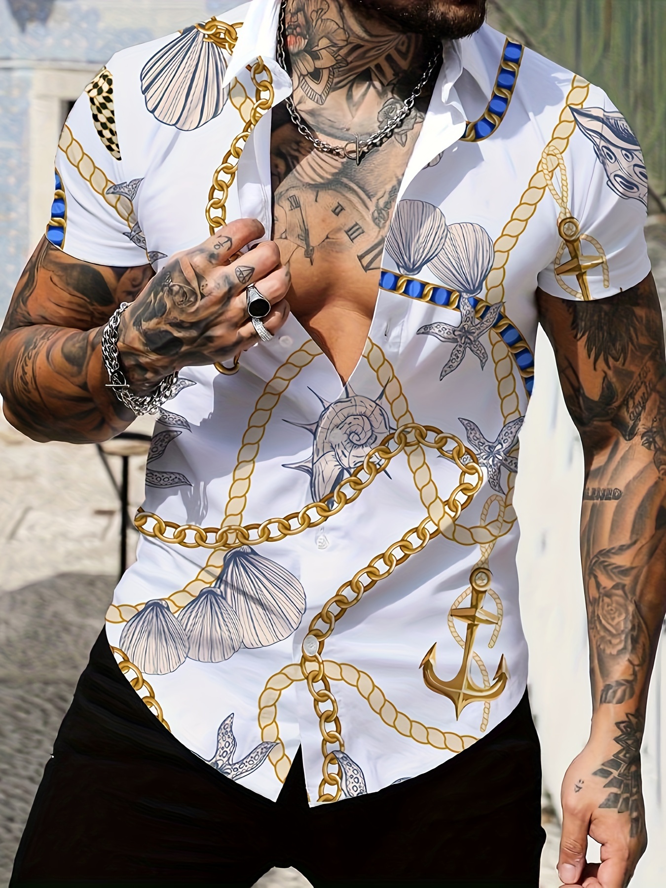 Golden Chain Seashells Print Men's Vintage Summer Short - Temu Canada