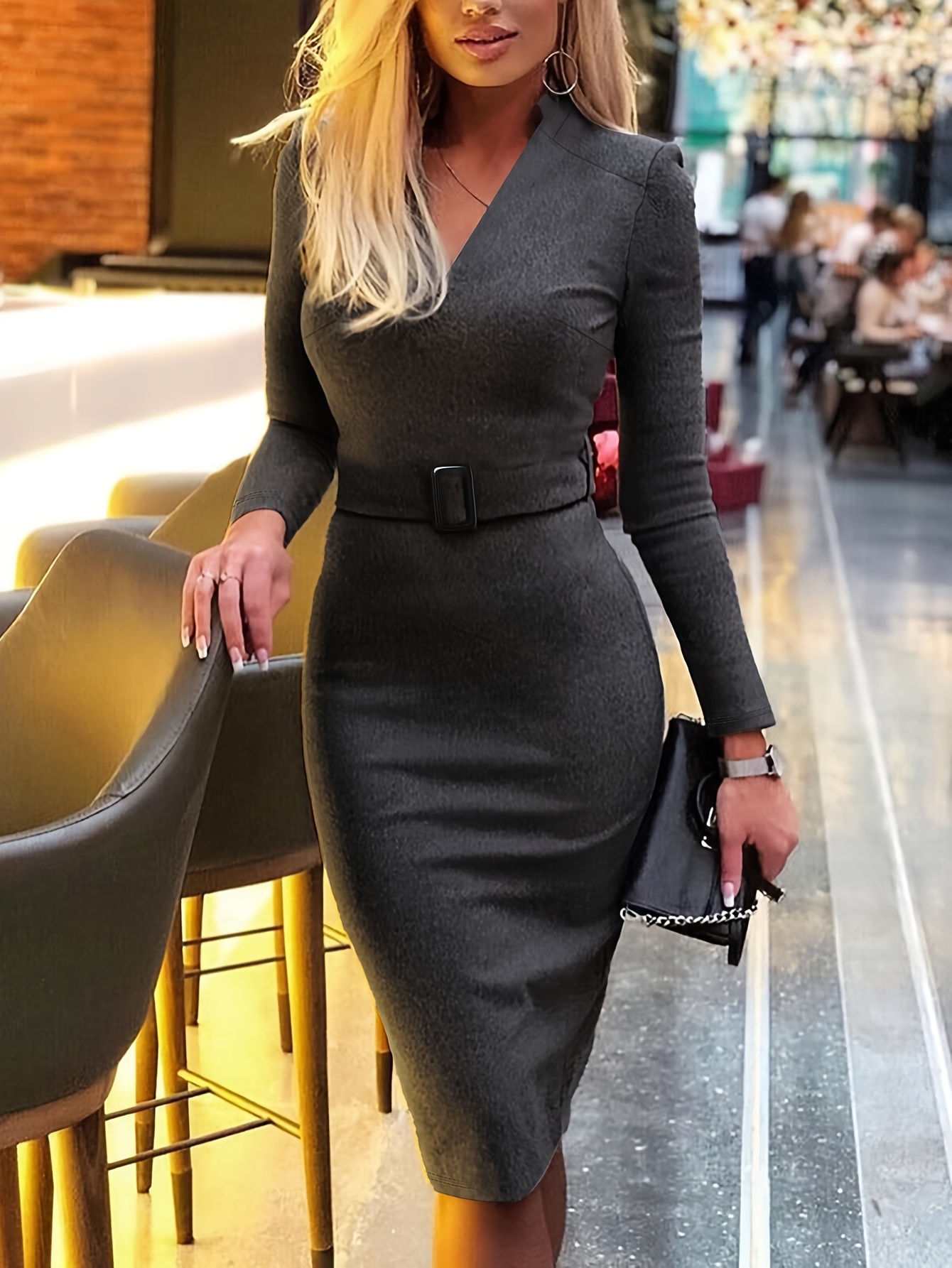 Solid V Neck Dress Elegant Long Sleeve Belted Bodycon Dress - Temu Canada