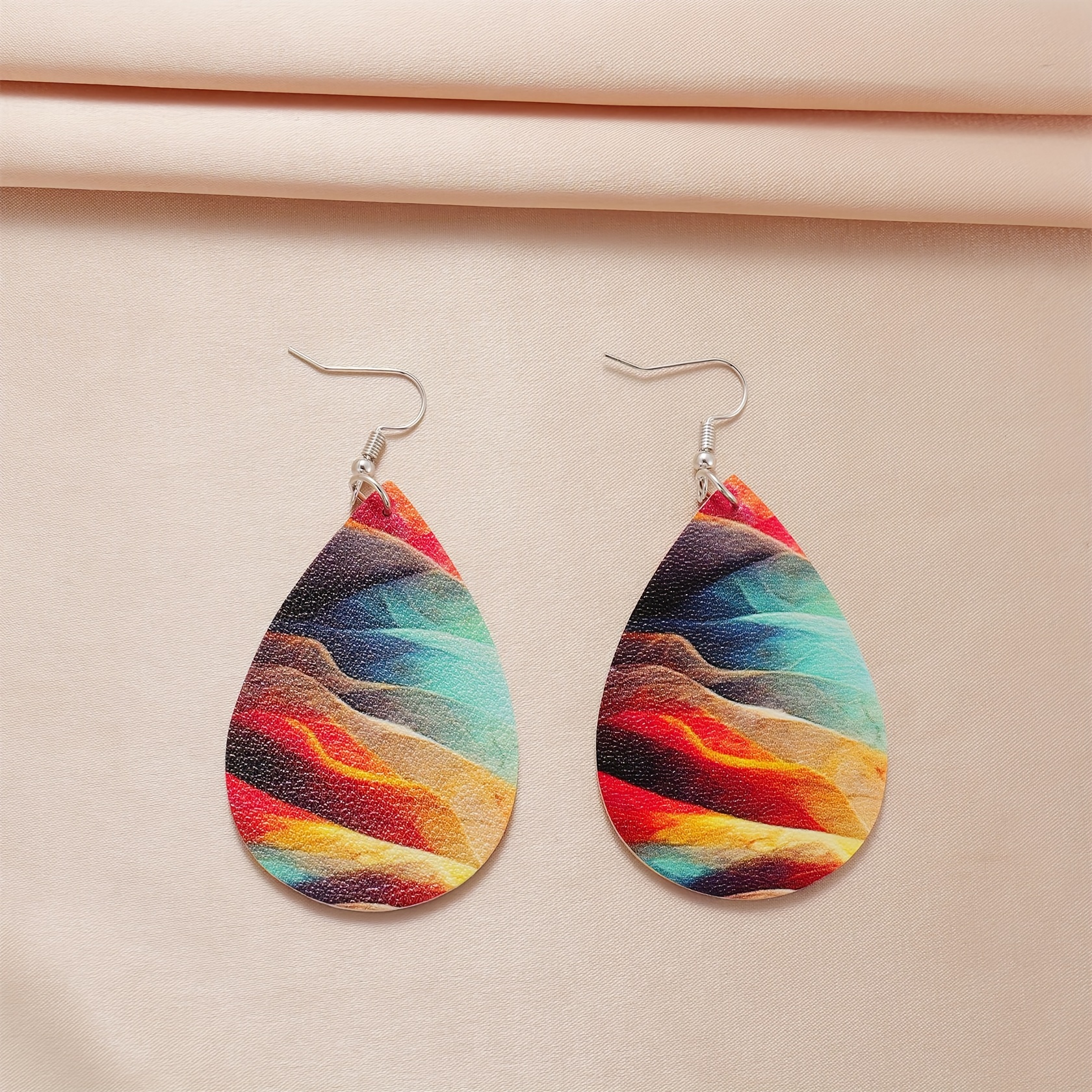 Bohemian Pu Leather Colorful Print Teardrop Dangle Earrings For Men ...