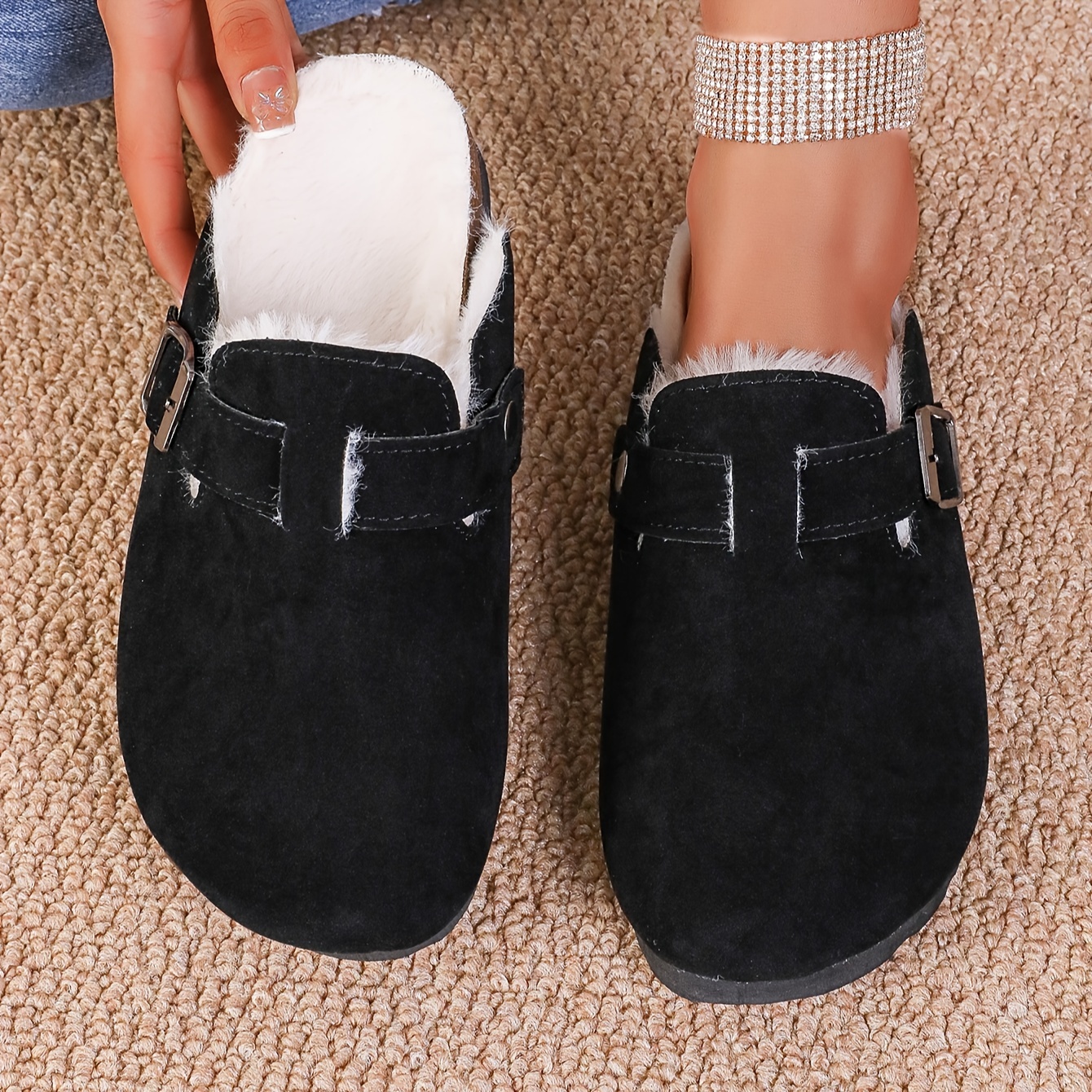 Buckle Strap Detailed Slippers Solid Color Casual Slip Plush - Temu ...