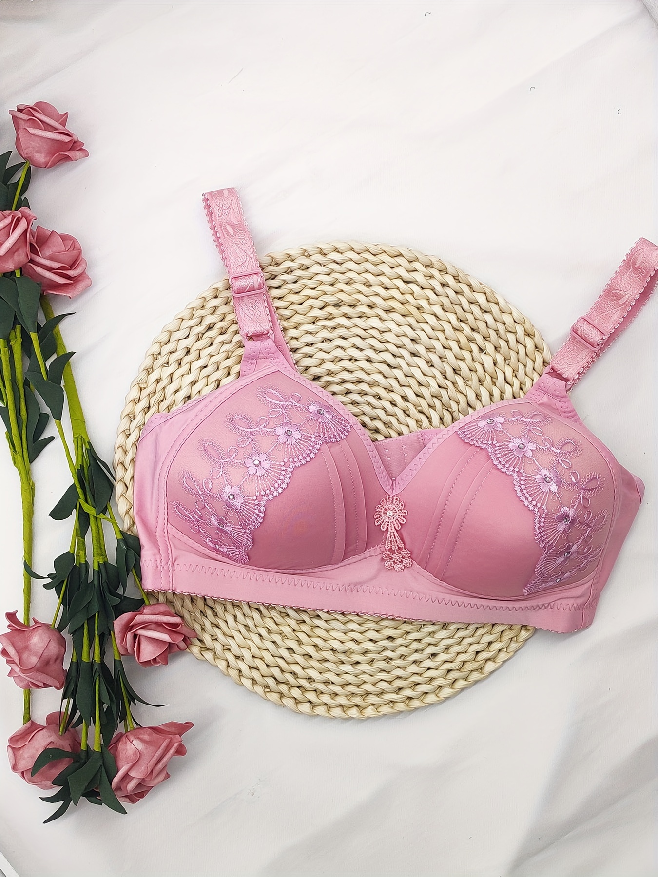 Simple Contrast Lace Floral Patch Bra Comfy Breathable - Temu