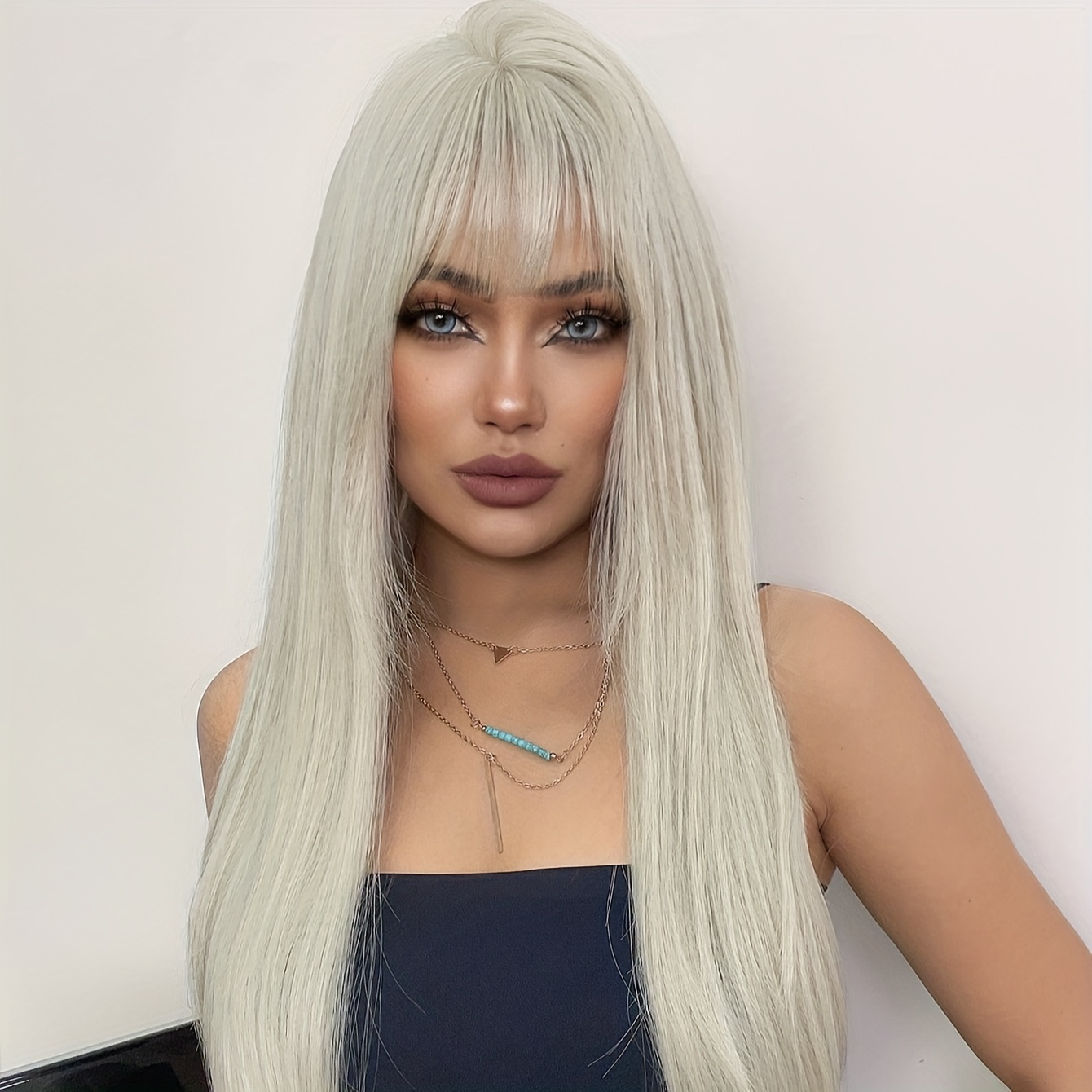 Wig Synthetic Heat Resistant Long Straight Wigs With Bangs Natural ...