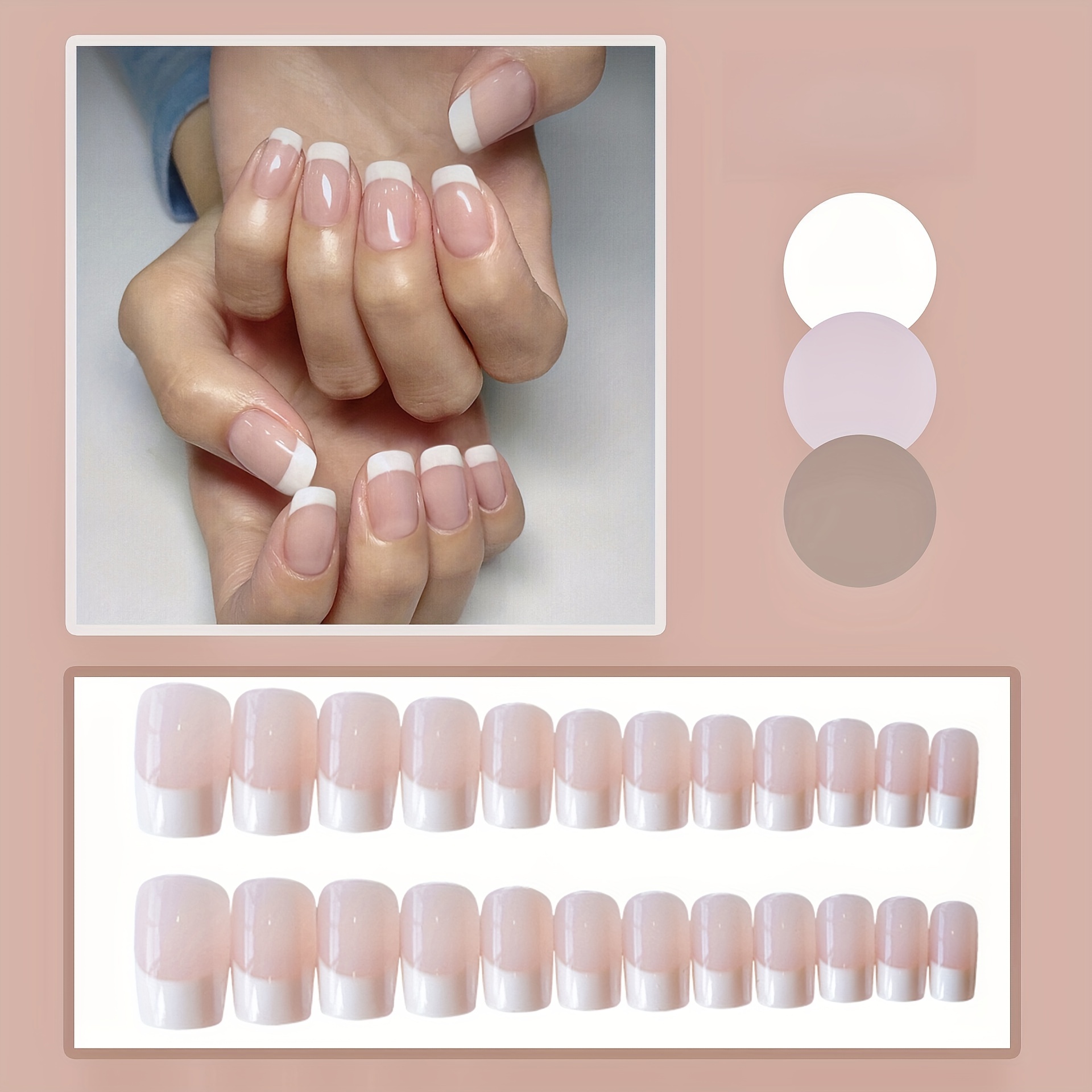 Short Square Shape Press Nails White French Nail Glossy - Temu Canada