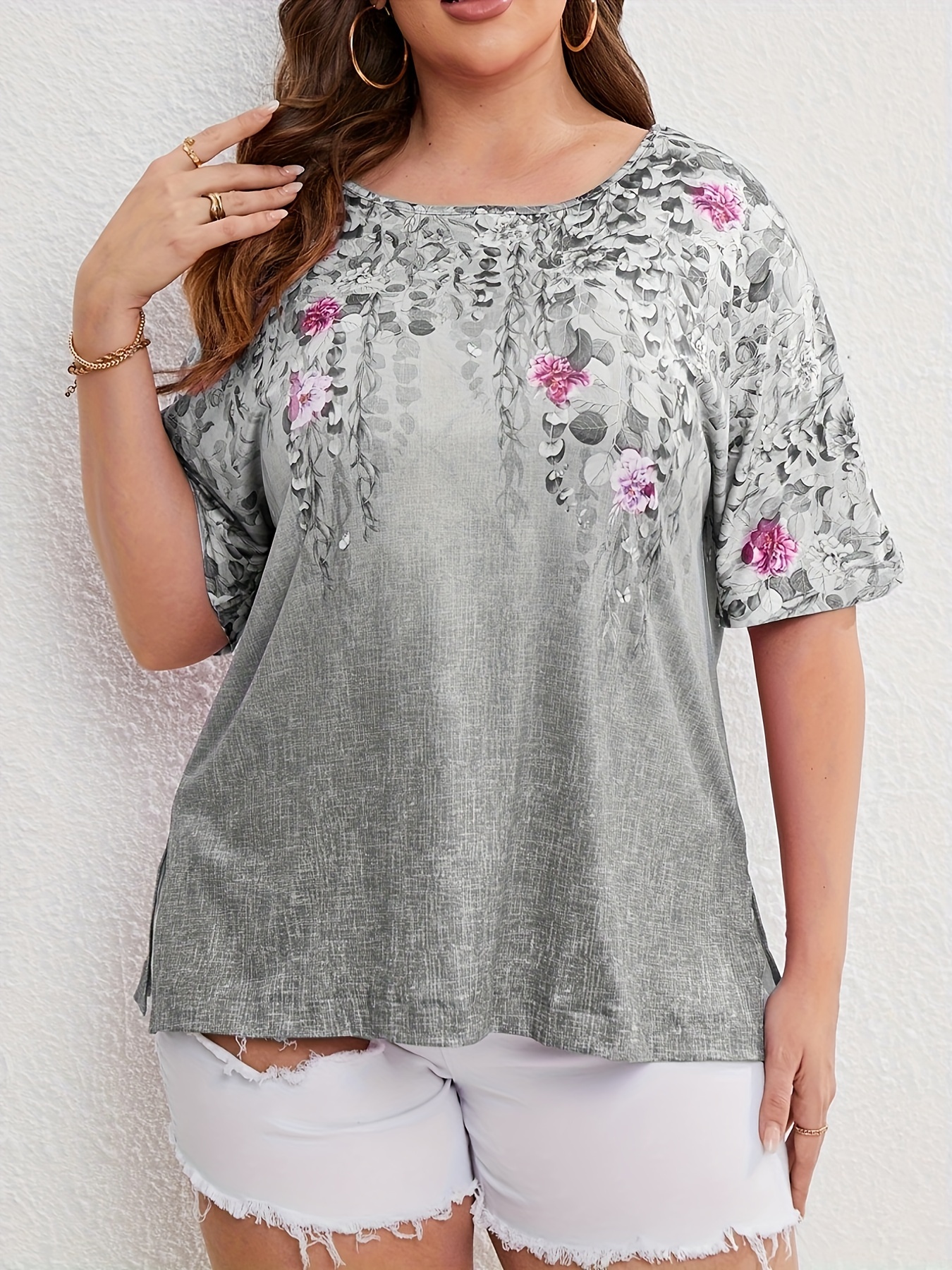 Plus Size Casual T shirt Women's Plus Floral Print Round - Temu Netherlands