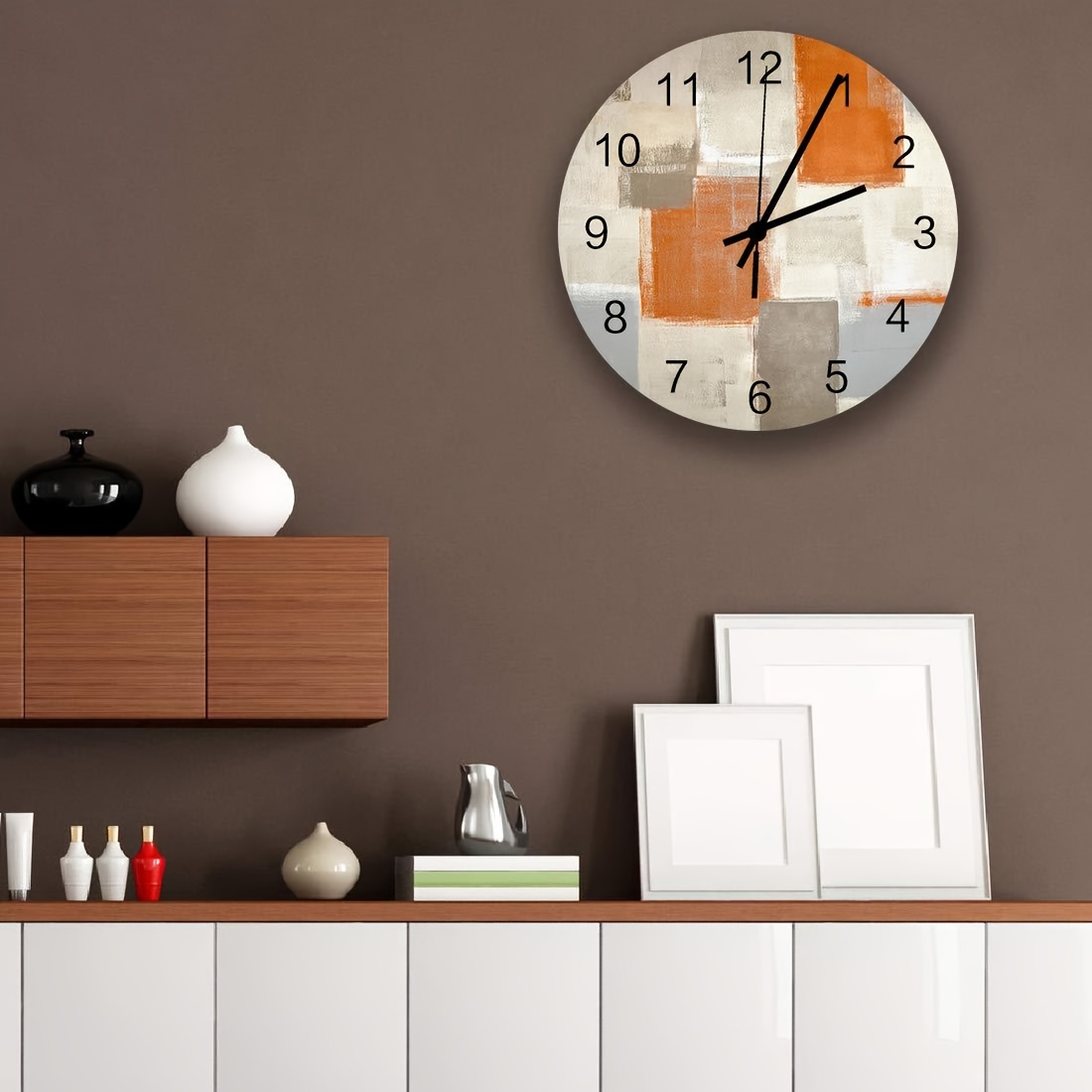 Silent Round Wooden Wall Clock Orange Brown Gray Paint Art - Temu ...
