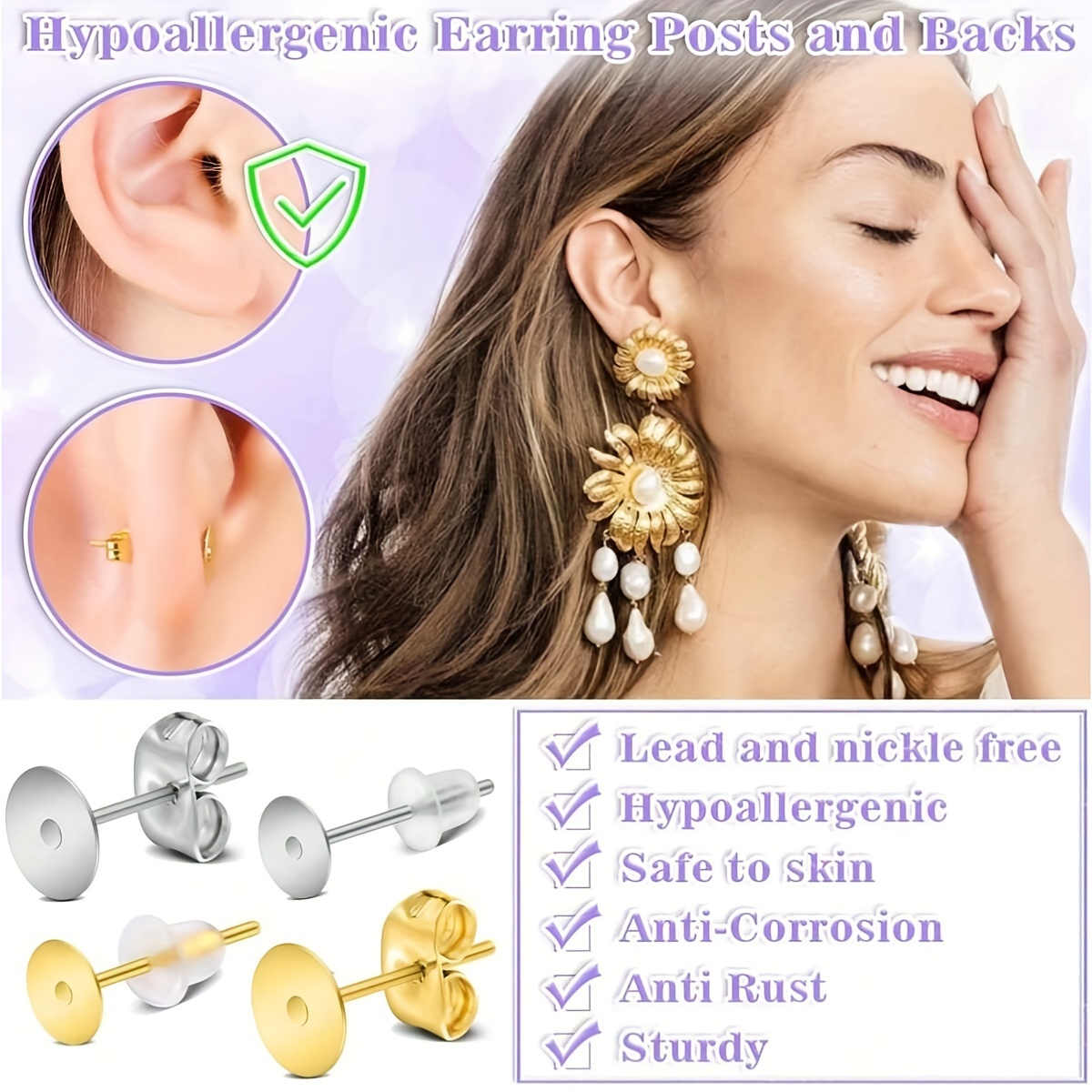 Set Of 600 Low allergy Earring Posts Including Silvery And Posts With Butterflies And Rubber Earring Backs For Earring Making Supplies