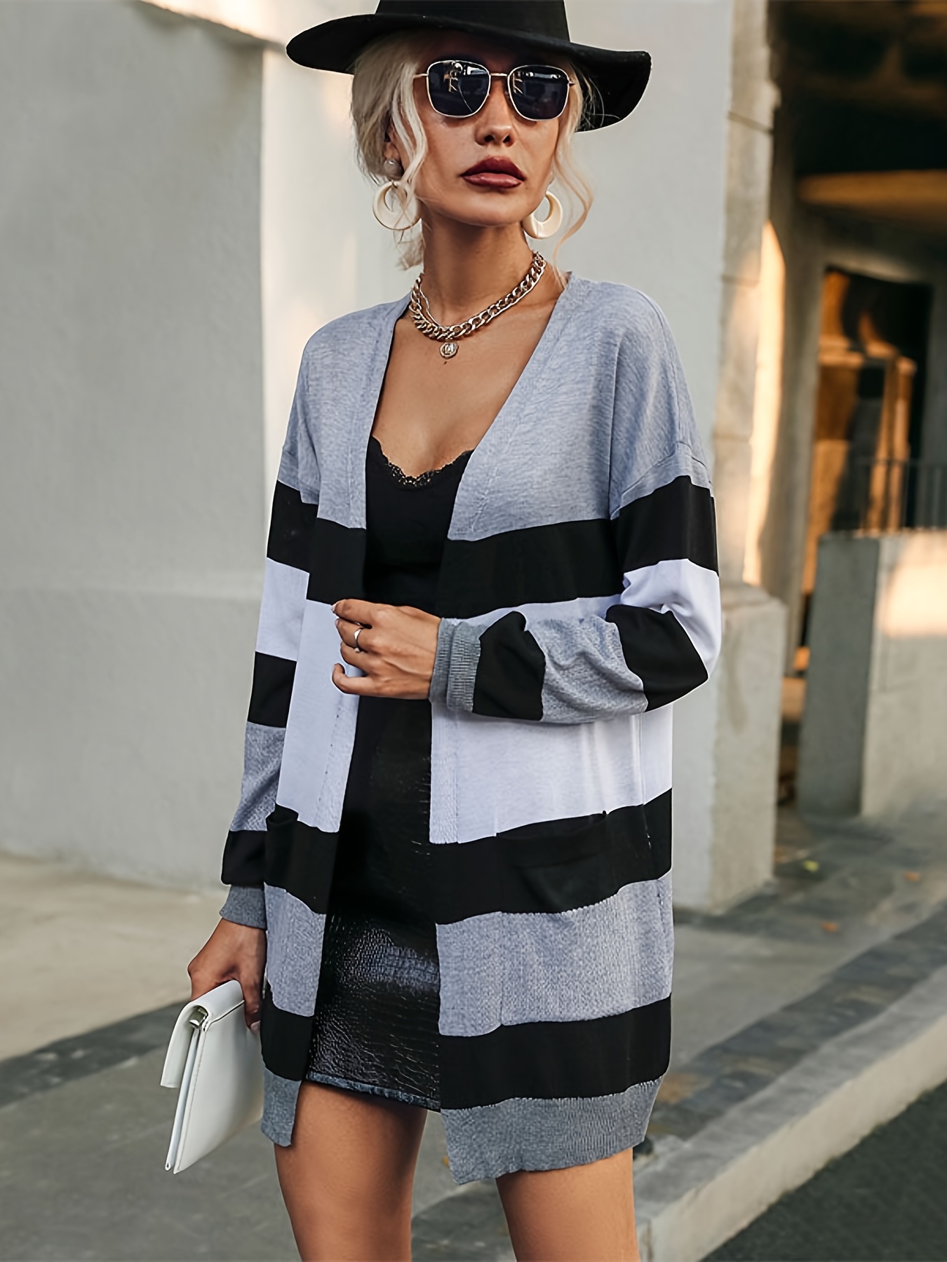 Striped V Neck Loose Cardigans Casual Drop Shoulder Long Sleeve Fall ...
