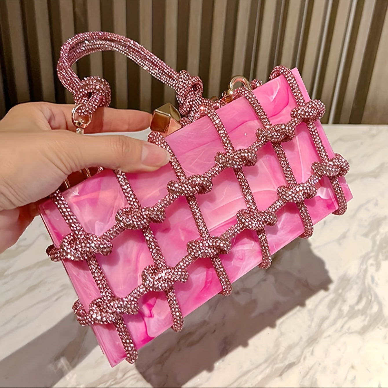 Luxury Acrylic Evening Bag Shiny Rhinestone Woven Handbag - Temu United ...
