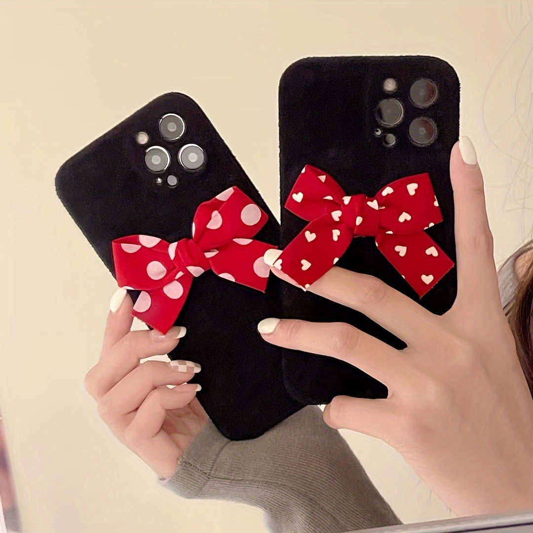 Autumn And Winter Plush Love Grid Bow Phone Case For - Temu Australia