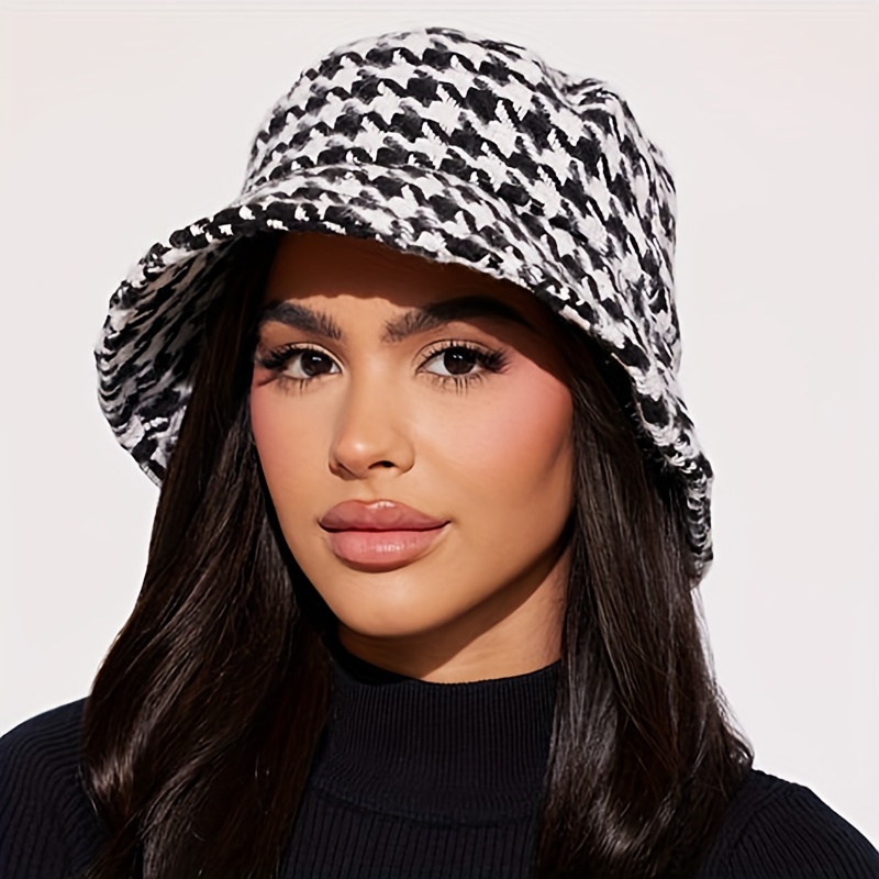 Classic Houndstooth Bucket Hat Elegant Black & White Basin Hats Trendy ...