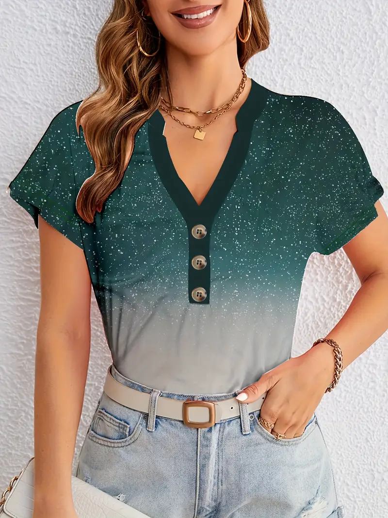 Gradient Button Front T Shirt Casual V Neck Short Sleeve Temu