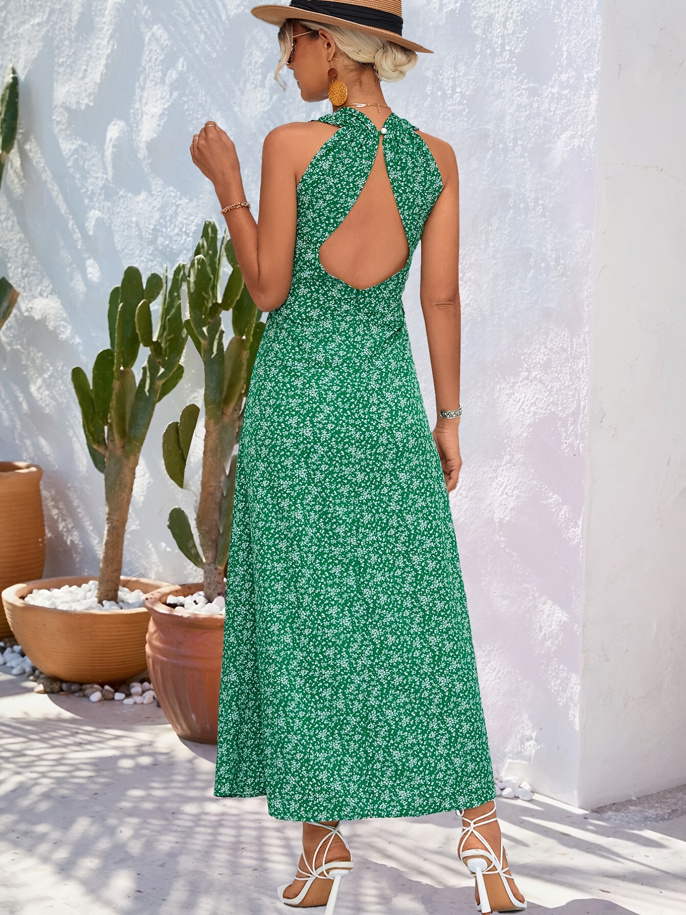Polka Dots Floral Print Backless Dacron And Spandex Dress, Women's ...