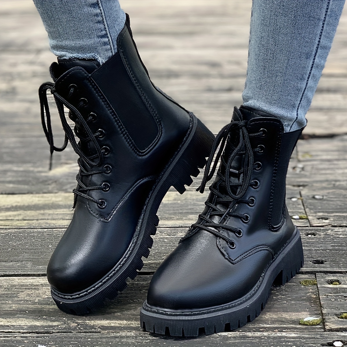 Womens Solid Color Trendy Boots Lace Soft Sole Platform - Temu Australia