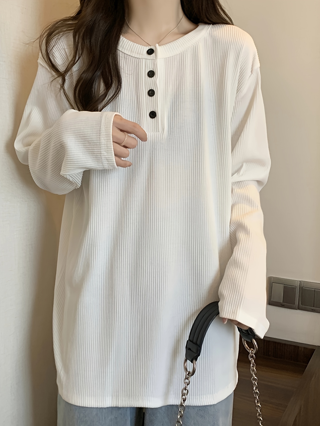 ボタンフロントクルーネックtシャツ、春秋用カジュアル長袖トップ、婦人服 Temu Japan