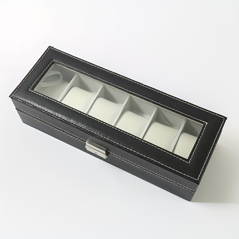 6 Slots Wooden Watch Display Case Stitch Detail Pu Leather - Temu