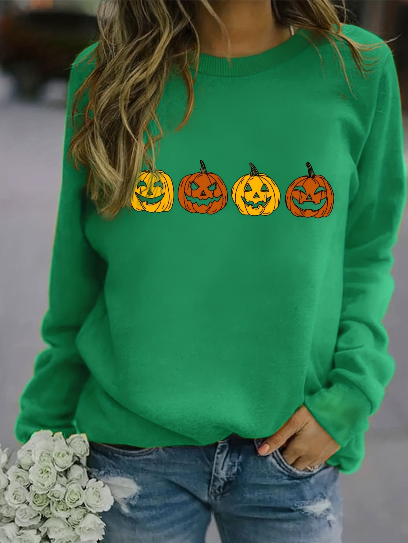 Halloween Pumpkin Print Sweatshirt Casual Long Sleeve Crew - Temu Australia