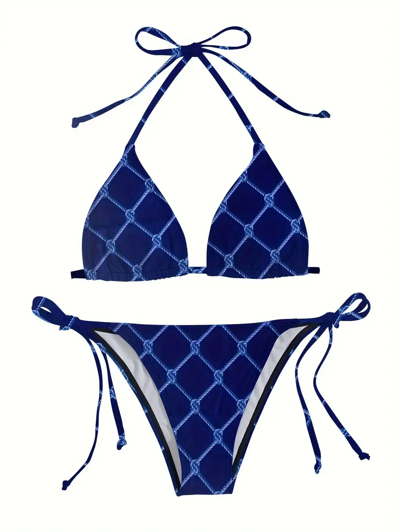 編組ロー ト ネイビーブルー 2 点セット ビキニ 三角ホルタータイストラップ水着 女性用水着 衣類 Temu Japan