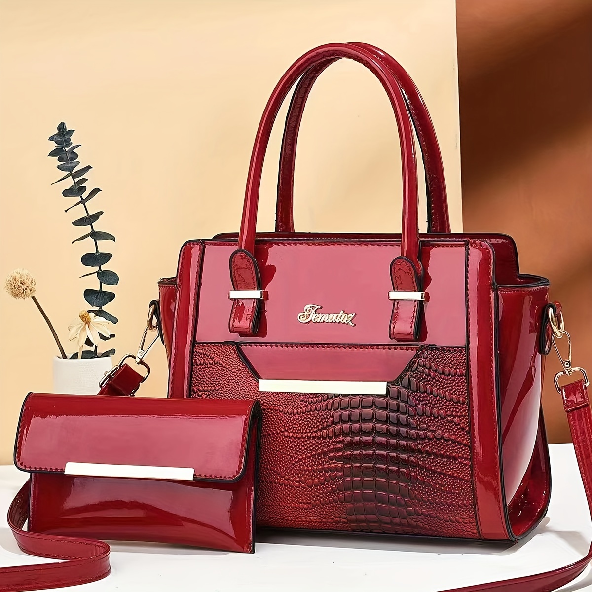 Crocodile Pattern Handbag Set Women's Glossy Tote Bag Clutch - Temu ...