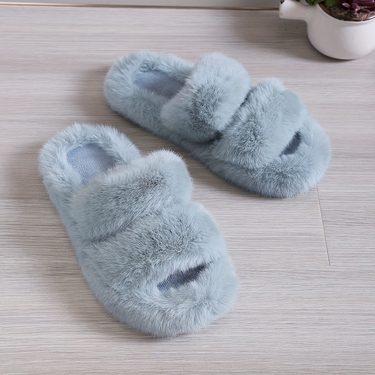 Women's Double Straps Fluffy Slippers Slip Open Toe Non slip - Temu ...