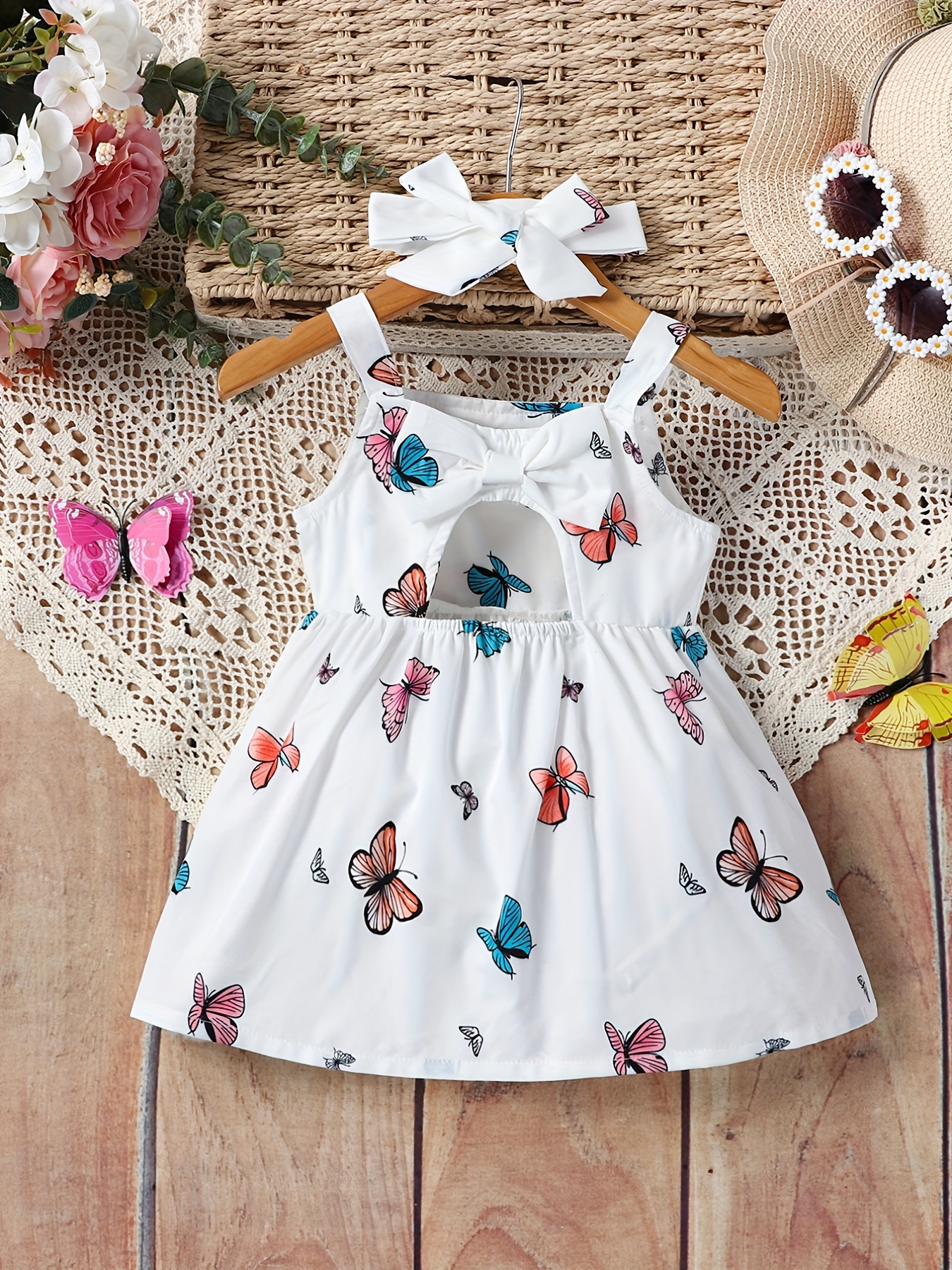 2pc 幼児女の子蝶グラフィックカジュアルキャミドレス ヘッドバンドパーティーベビー夏服 Temu Japan