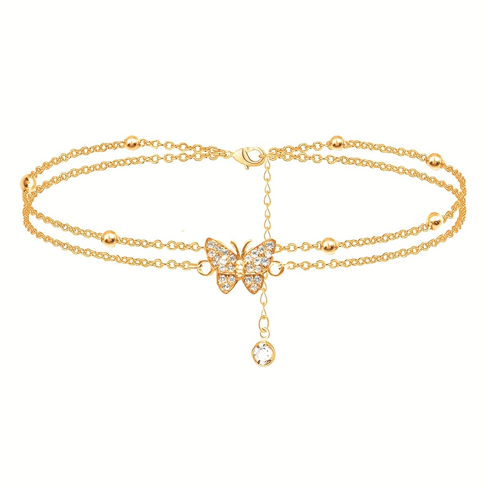 Double Layers Thin Chian Anklet Mini Butterfly Thin Ankle Bracelet For ...