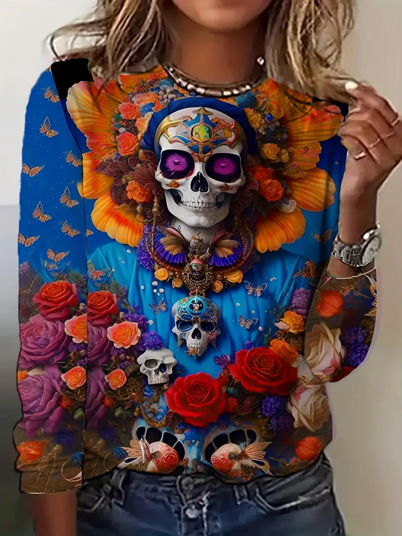 Floral Skull Print Crew Neck T Shirt Casual Long Sleeve Top Temu New