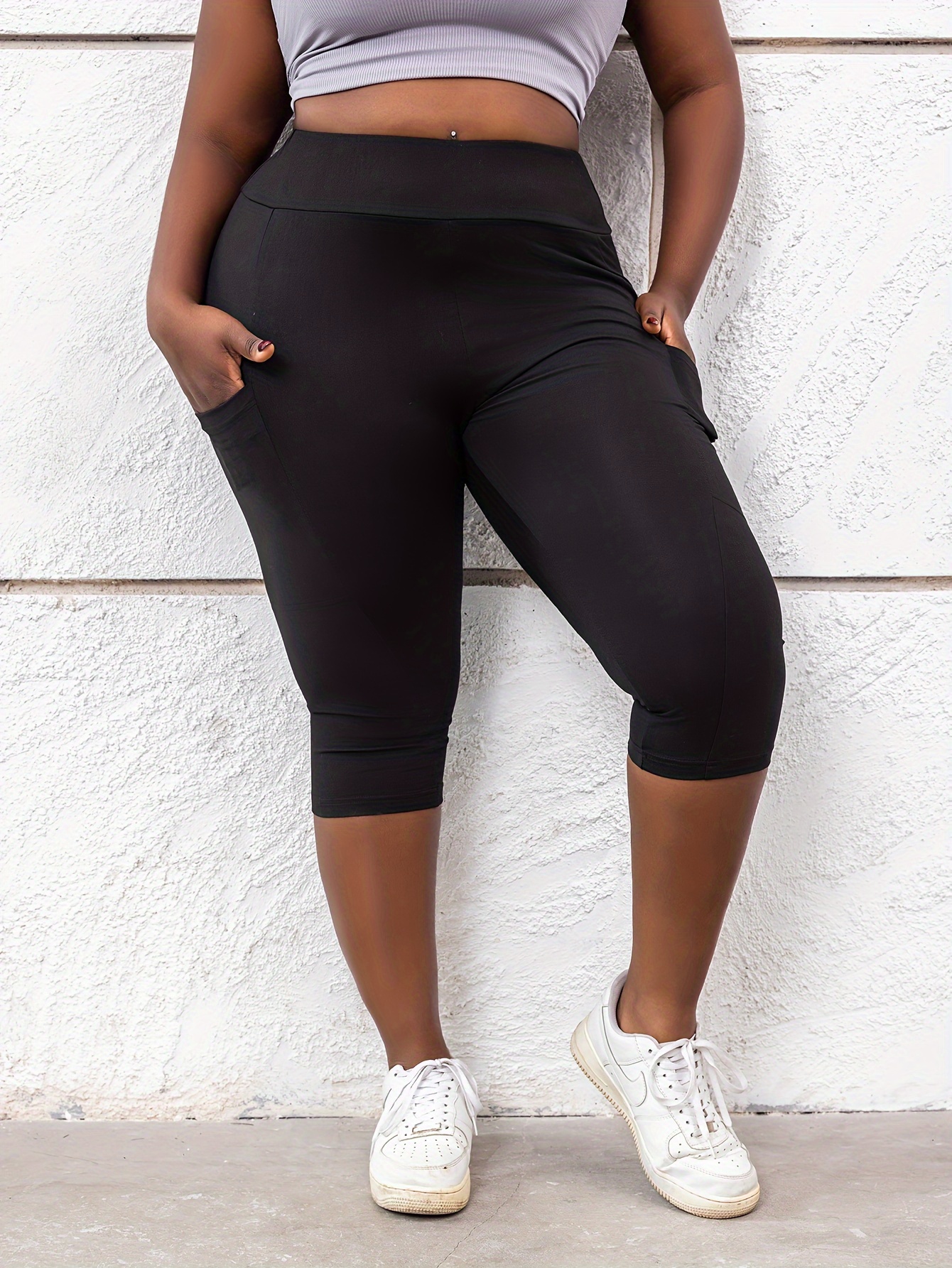 Pocket Capri Leggings Plus Size Solid Casual Every Day - Temu Philippines