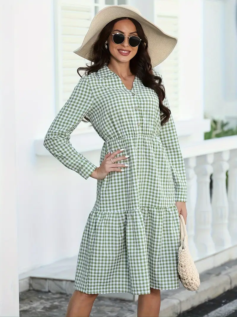 Plaid Print Button Front A Line Dress Casual Long Sleeve Temu New Zealand
