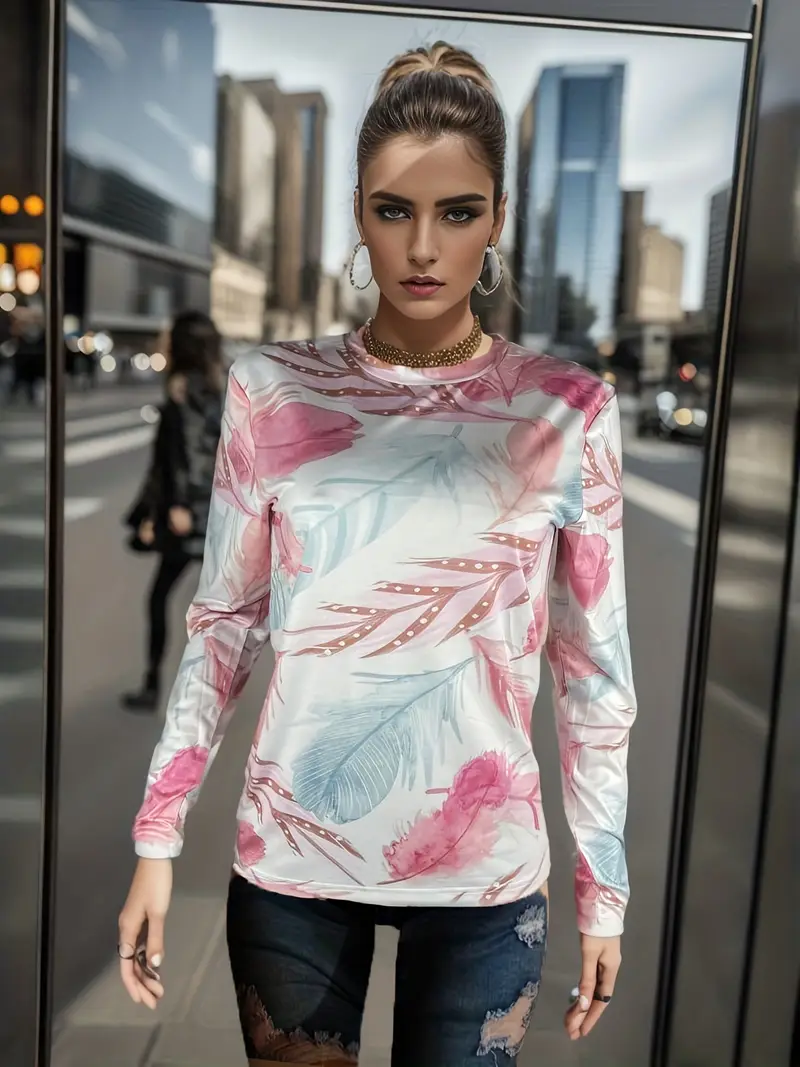 Floral Print Crew Neck Tee Casual Long Sleeve T Shirt Temu Australia