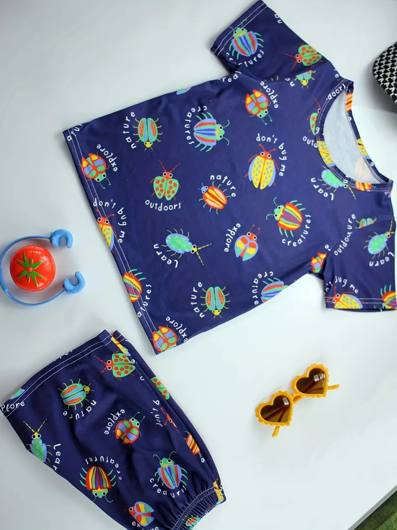 2pcsの男の子用カジュアルなカートゥーン昆虫グラフィックプリント半袖tシャツ&ショーツセット 快適な夏の子供服 Temu Japan
