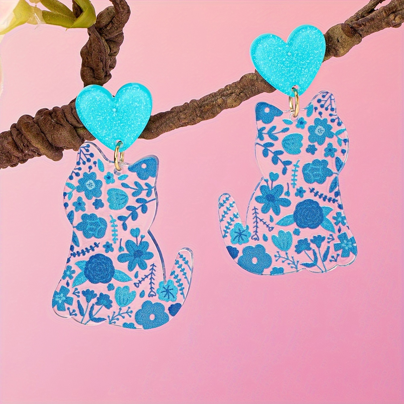 Cute Cat Shape Red/ Blue Flower Leaf Pattern Dangle Earrings - Temu ...