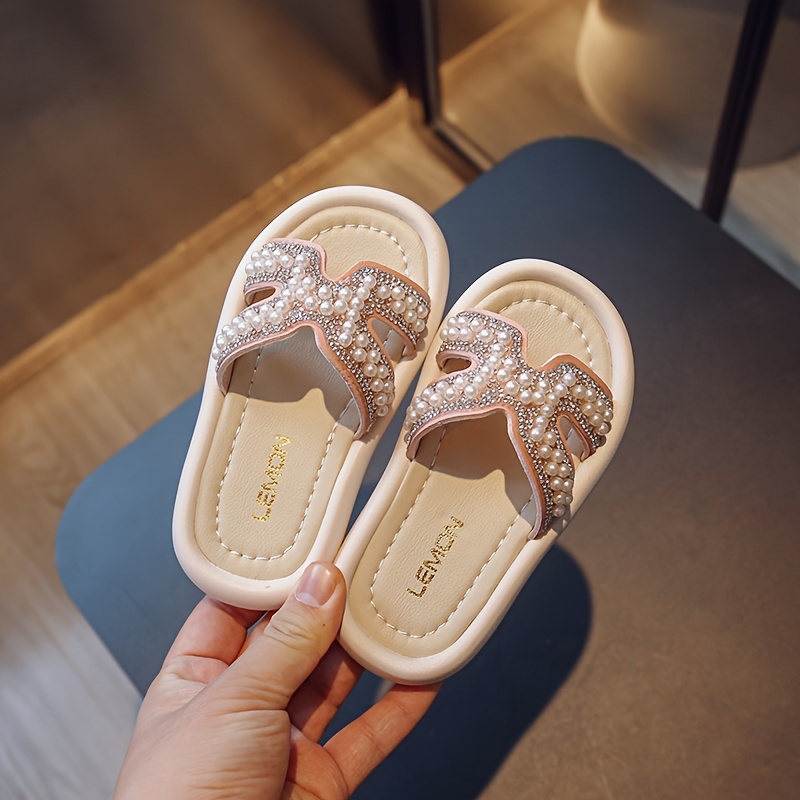 Trendy Elegant Pearl Rhinestone Open Toe Slippers Girls - Temu Australia
