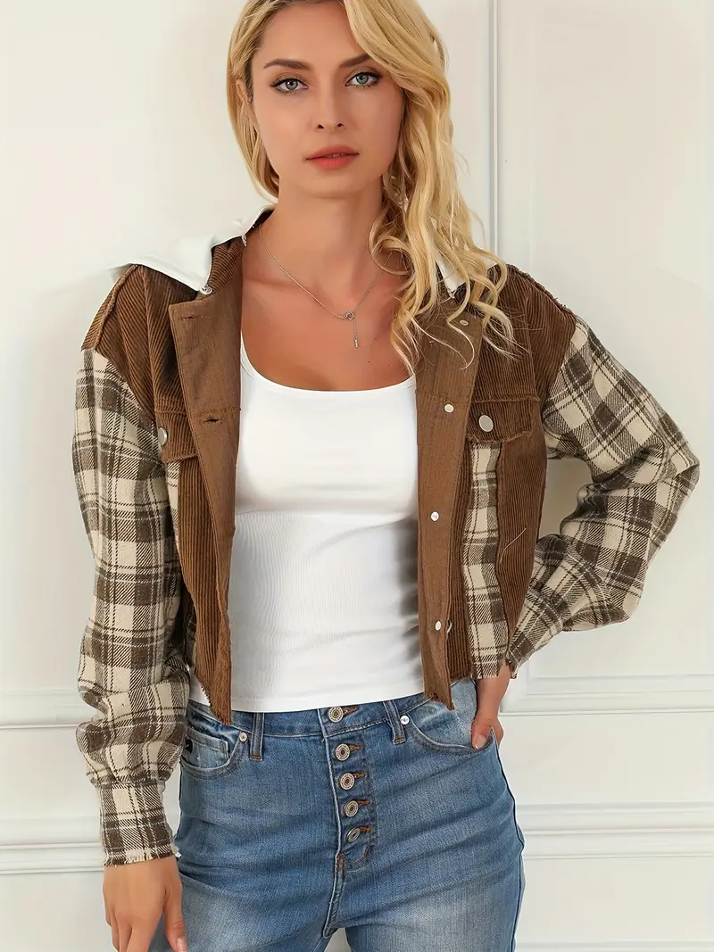 Plaid Pattern Hooded Crop Jacket Casual Button Front Color Temu