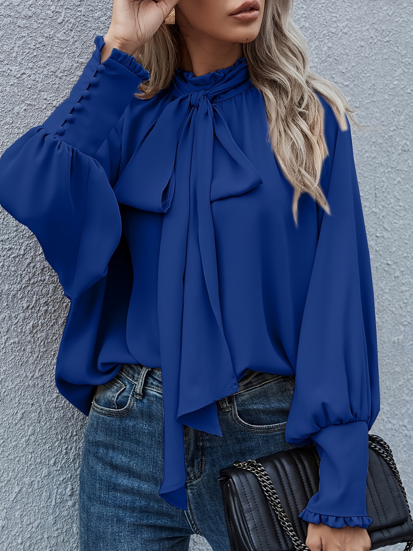 Solid Tie Neck Simple Blouse Vintage Lantern Sleeve Blouse - Temu Canada