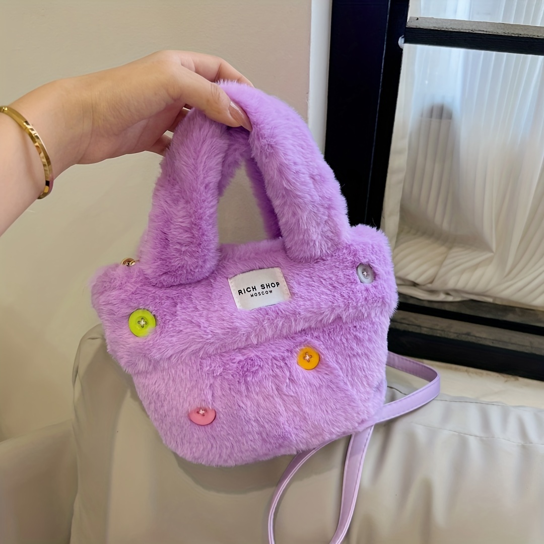 Cute Plush Mini Handbag, Button Decor Solid Color Shoulder Bag, Perfect ...