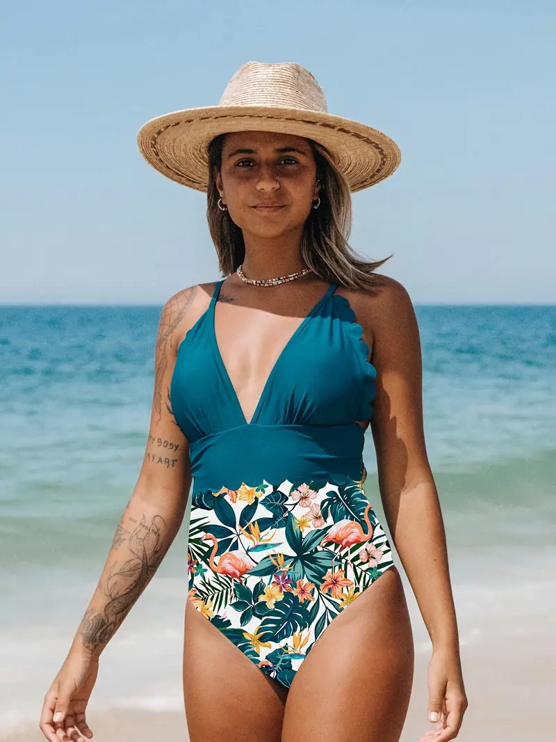 Floral And Leaf Print Colorblock One Piece Swimsuit V Neck Scallop Trim
